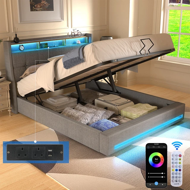 STORAGE GAS LIFT Up 4Ft6 Double Size Metal Bed Frame W/ Led Lights ...