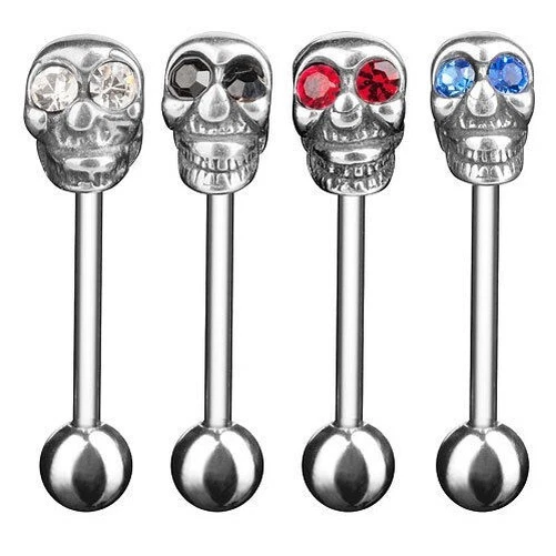 PIERCING LANGUE ACIER Inox Haltère Tête de Mort Zircon Cristal Yeux EUR ...