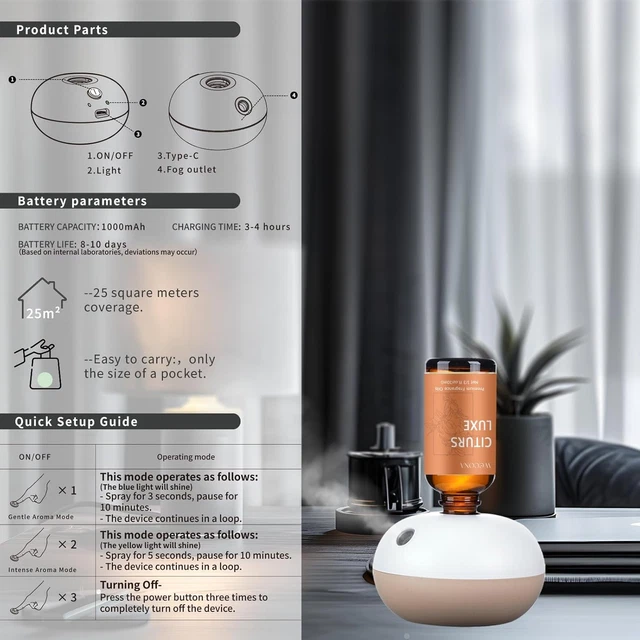 WECONA RECHARGEABLE WATERLESS Diffuser with Six Bottle of Essential ...