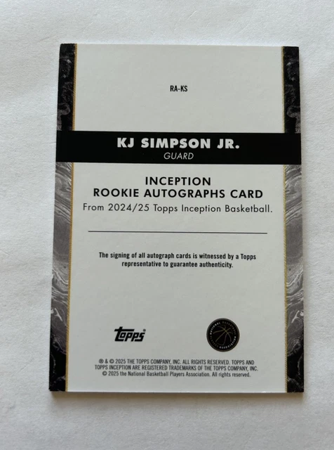 2024-25 TOPPS INCEPTION Basketball KJ Simpson Jr. Auto Pink #/99 $9.75 ...