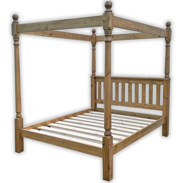 CHUNKY SLATTED PINE Bed Frame 5FT King Size FOUR POSTER with Round ...
