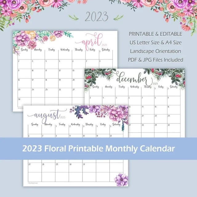 2023 MONTHLY CALENDAR Watercolor Floral Printable Editable in Letter ...