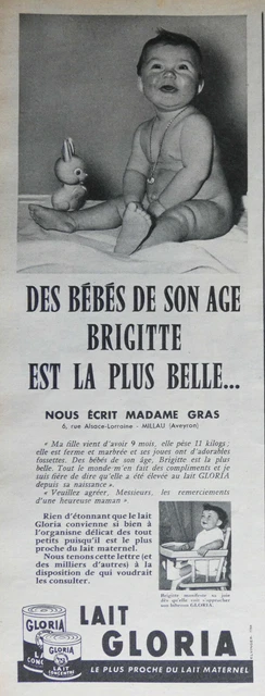 PUBLICITÉ DE PRESSE 1956 Le Lait Gloria Bébé Brigitte La Plus Belle EUR ...