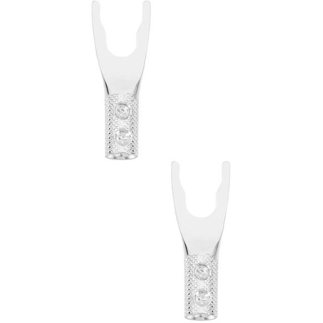 2 COUNT SILVER Silver-plated Speaker Y Fork Audio Cable Plug 45° Spade ...