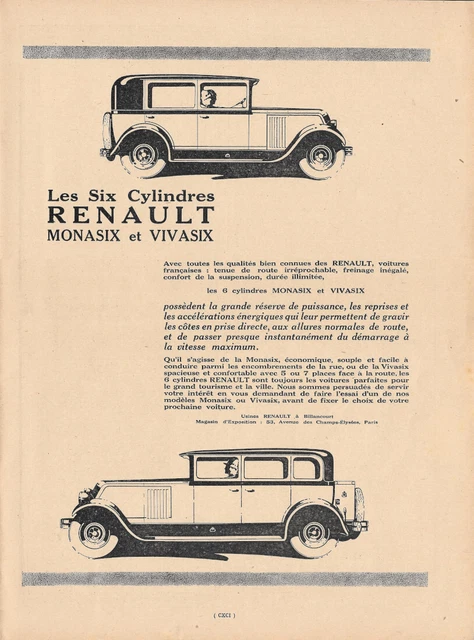 LES SIX CYLINDRES RENAULT Monasix et Vivasix - Advertising 1928 EUR 6 ...