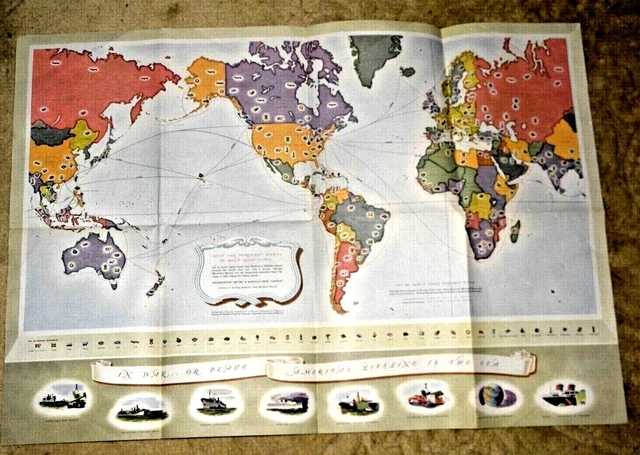 VINTAGE LOVELY ILLUSTRATED Map Maps Merchant Marine Ships World ...