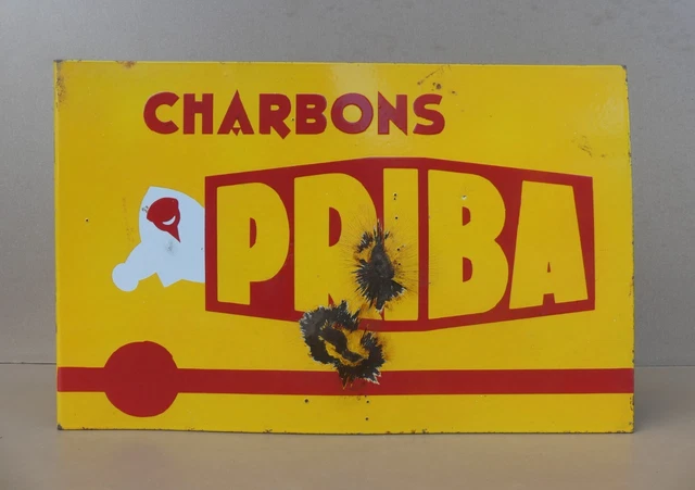 ANCIENNE PLAQUE EMAILLEE "CHARBONS PRIBA" double face pub PLV enamelled ...
