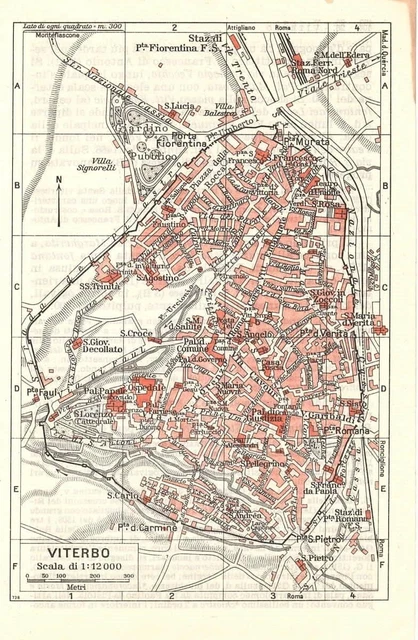 CARTA GEOGRAFICA ANTICA VITERBO pianta della città TCI 1939 Antique map ...