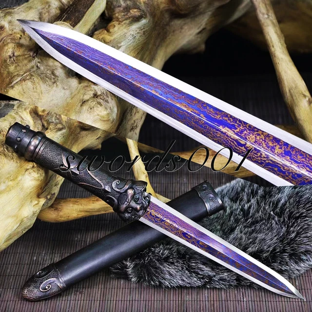 DOUBLE-EDGED SHORT SWORD Outdoor Hunting Knife Dagger Sharp Damascus ...