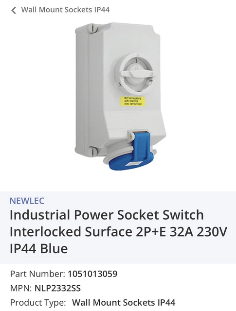 NEWLEC NLP2332SS SWITCHED Interlocked Socket 32A 2P+E Blue 230V IP44 £ ...
