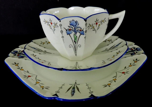 ART DECO VINTAGE china Tea Set Trio.Shelley Queen Anne Blue Iris.11561 ...