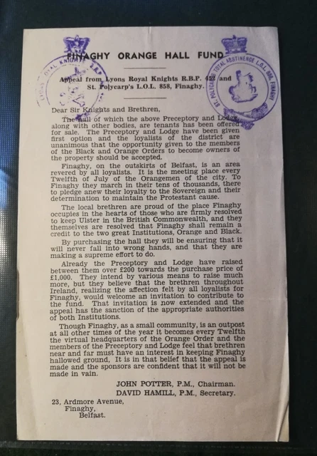 FINAGHY ORANGE HALL Fund Belfast R.B.P. 452 & LOL 858 Old Letter. £6.50 ...