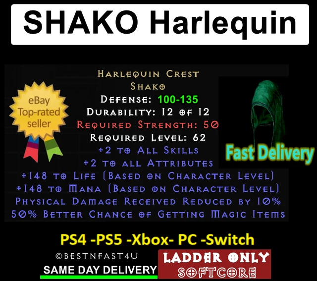S6 LADDER SHAKO Harlequin shaco helm PC-XBOX-PS4-PS5-SWITCH Diablo 2 ...
