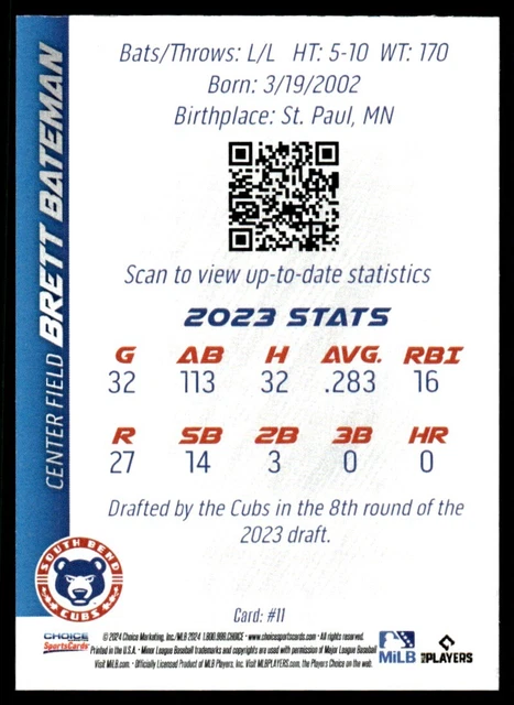 2024 CHOICE BRETT Bateman recrue South Bend Cubs Chicago Cubs EUR 3,36 ...