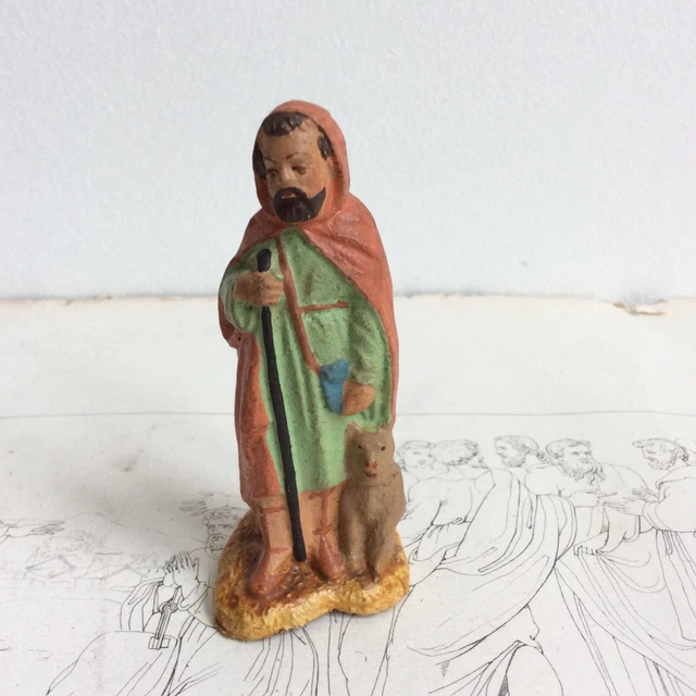 SANTON DEVINEAU ANCIENS Le berger et son chien Haut 7,5 cm Crèche Noel ...