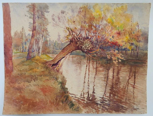 TABLEAU AQUARELLE ANCIEN 1920, Le Saule Au Bord De L'eau, Signé Mellix ...