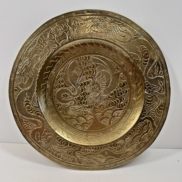 VINTAGE CHINESE HEAVY Brass Large Wall Plate 15in Wide Great Decoration ...