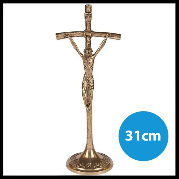 CHRISTIAN CATHOLIC GOLD Metal Brass Table Desk Altar Cross Crucifix ...
