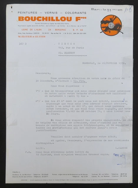 FACTURE BERGERAC BOUCHILLOU SNCF peinture paint illustrée billhead 103 ...