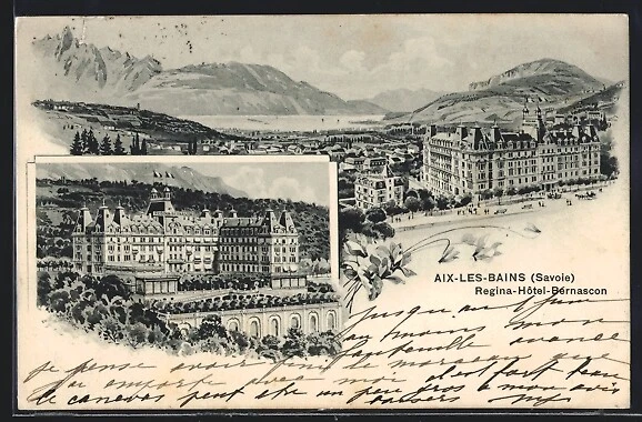 LITHOGRAPHIE AIX-LES-BAINS, REGINA-HÔTEL-BERNASCON, vue générale 1913 ...