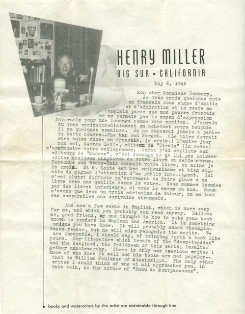 HENRY MILLER - Ecrivain Americain - Lettre Tapuscrite Signee A Albert ...