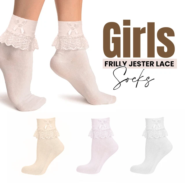 KIDS GIRLS JESTER Lace Socks Stack Frilly White Ankle School Uniform 1 ...