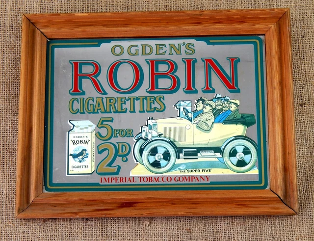 VINTAGE OGDENS ROBIN Cigarette Advertising Mirror Pub Bar Mancave Wood ...