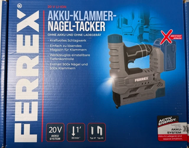 FERREX AKKU TACKER Nagelpistole 20V Klammer-Nagel-Tacker Klammergerät ...