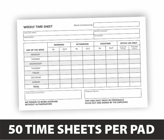 TIME SHEET PAD (A5) Employee Job Attendance Record Log 50 sheets £3.45 ...