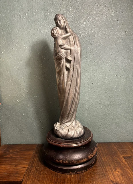 ANTICA STATUETTA STATUINA Madonna Con Bambino In Alluminio E Base Legno ...