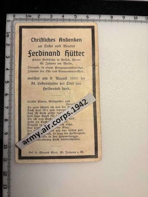 WW2 ORIGINAL GERMAN Sterbebild Death Card FERDINAND HUTTER Russland ...