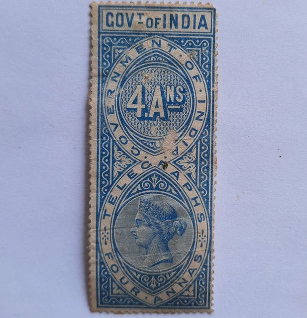 INDIA 1890-91 QUEEN Victoria Telegraph Stamp 4Annas Blue. Mint. £94.50 ...