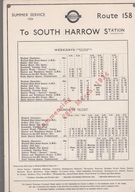 ROUTE 158 LONDON Transport General Panel Bus Timetable Mar 1934 £5.99 ...