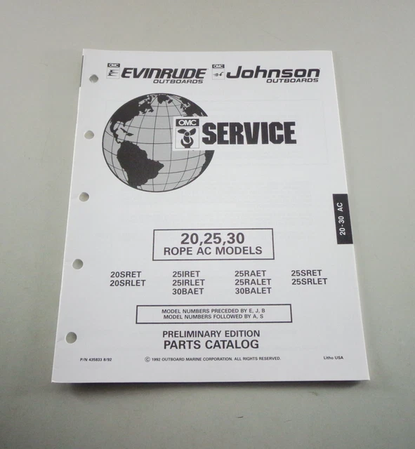 PARTS CATALOG OMC Evinrude Johnson Outboard 20/25/30 Rope AC Models 8/92 £17.01 - PicClick UK