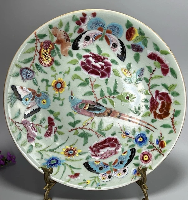 ANTIQUE CHINESE EXPORT Celadon Famille Rose Canton Plate 10” Late Qing ...