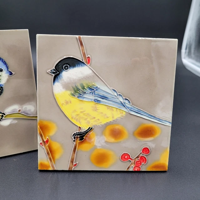 VINTAGE BIRD TILE Trivets with attached Stand By Entile Chickadee and ...