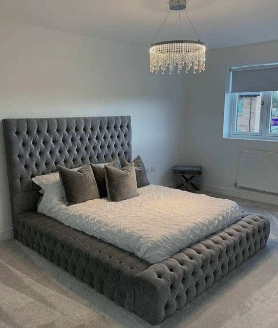 GREY PLUSH VELVET Upholstered Regal Ambassador King Bed Frame and ...