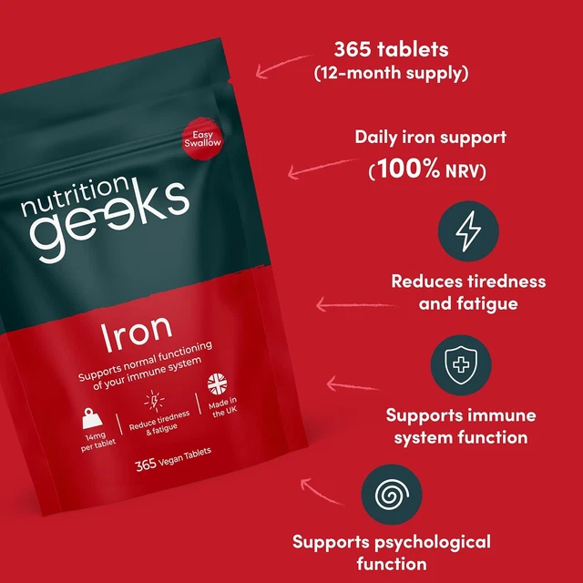IRON TABLETS HIGH Strength 14mg - 365 Tablets, 12 Months Supply - Vegan ...