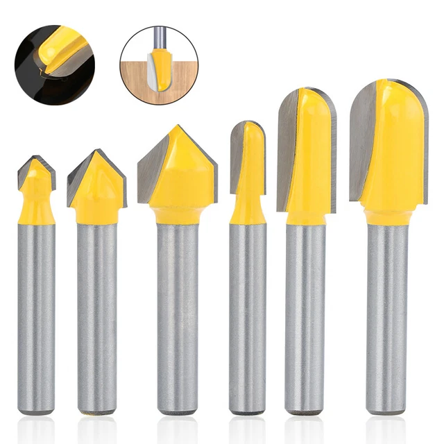 6PCS ROUTER BITS 1/4" Shank 90 Degree V Groove and Round Nose ...