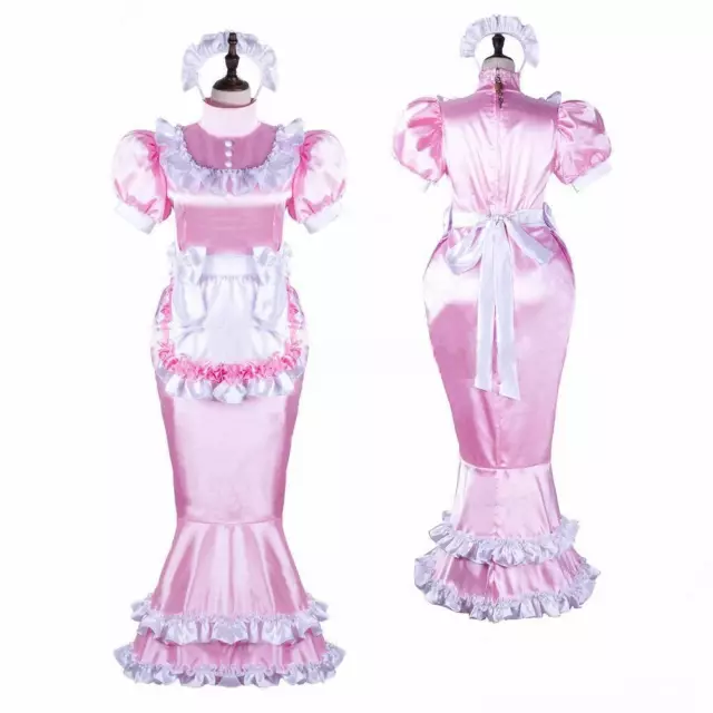 Sissy Girl Sexy Maid Pink Satin Lockable Dress Cosplay Costume Tailor