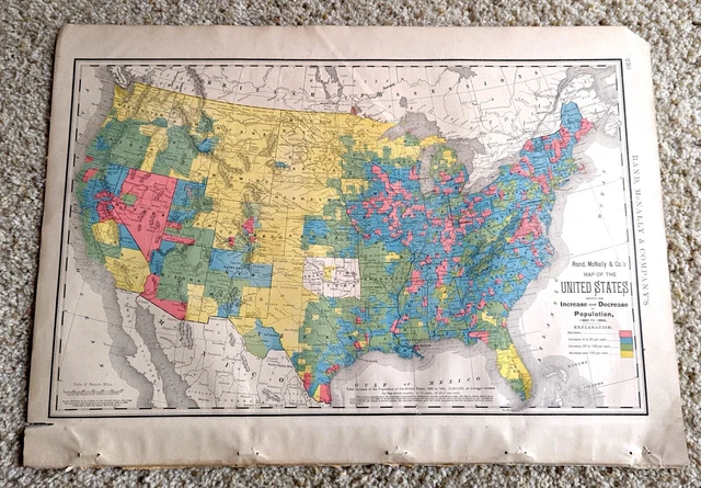 VINTAGE ORIGINAL ANTIQUE United States Population Map Rand McNally 1880 ...