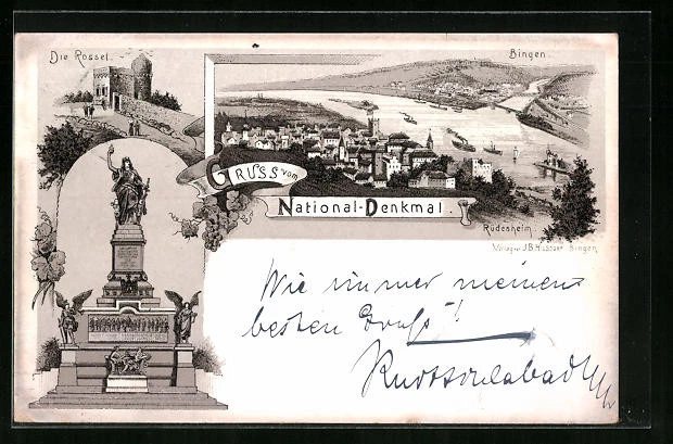 LITHOGRAPHIE RÜDESHEIM, NATIONALDENKMAL, Die Rossel, Teilansicht mit ...