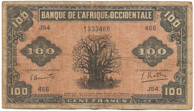 AFRICA WESTERN FRENCH bank note Of 100 Francs 14 December 1942! P.31a ...