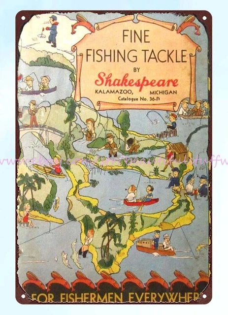 COLLECTIBLE SIGNS 1936 SHAKESPEARE Fishing Lure Tackle Fly Rods metal ...