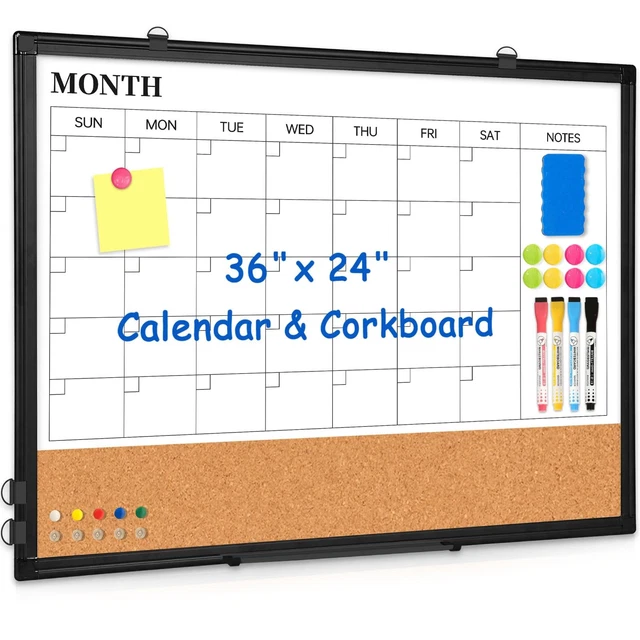MONTHLY CALENDAR WHITEBOARD Dry Erase Cork Board Combo for Wall, 36" x ...