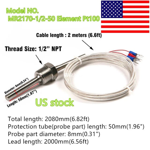 Rtd Pt100 Ohm Probe Sensor L 50mm Pt Npt 1 2 Thread W Insulation