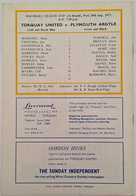 1973/74PLYMOUTH ARGYLE AWAY PROGRAMMES X6 Burnley LC3,Torquay LC1 ...