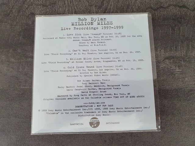 BOB DYLAN CD Promo 4 Titres Million Miles Live Recordings 1997-1999 EUR ...