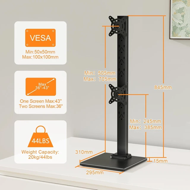 DUAL MONITOR STAND with Base- Vertical Stack Screen Free-Standing ...
