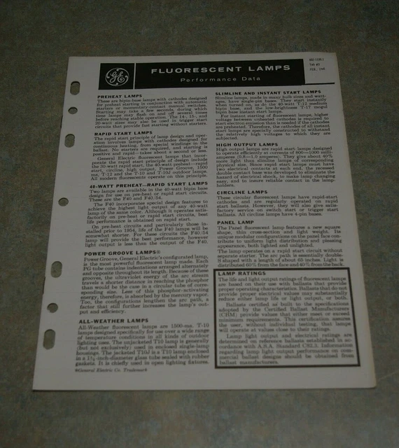 RARE FEBRUARY 1966 General Electric Fluorescent Lamps Performance Data ...